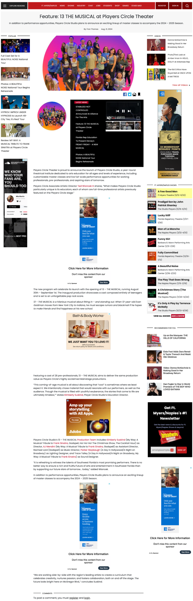 Enjoy This Broadway World Feature for 13 The Musical | Players Circle ...